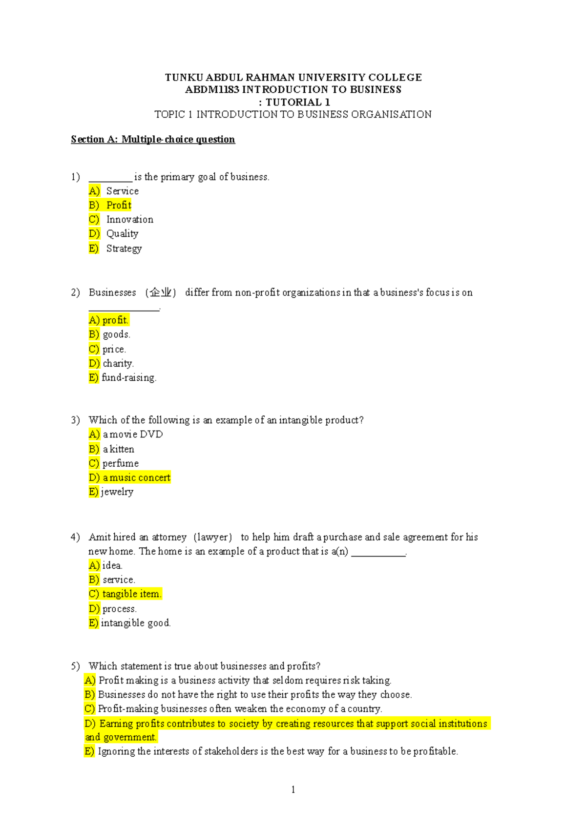 Tutorial 1 - businesses - TUNKU ABDUL RAHMAN UNIVERSITY COLLEGE ...