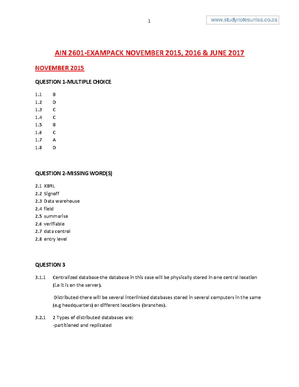 AIN-2601- Exampack - Exam Pack - 1 AIN 2601-EXAMPACK NOVEMBER 2015 ...