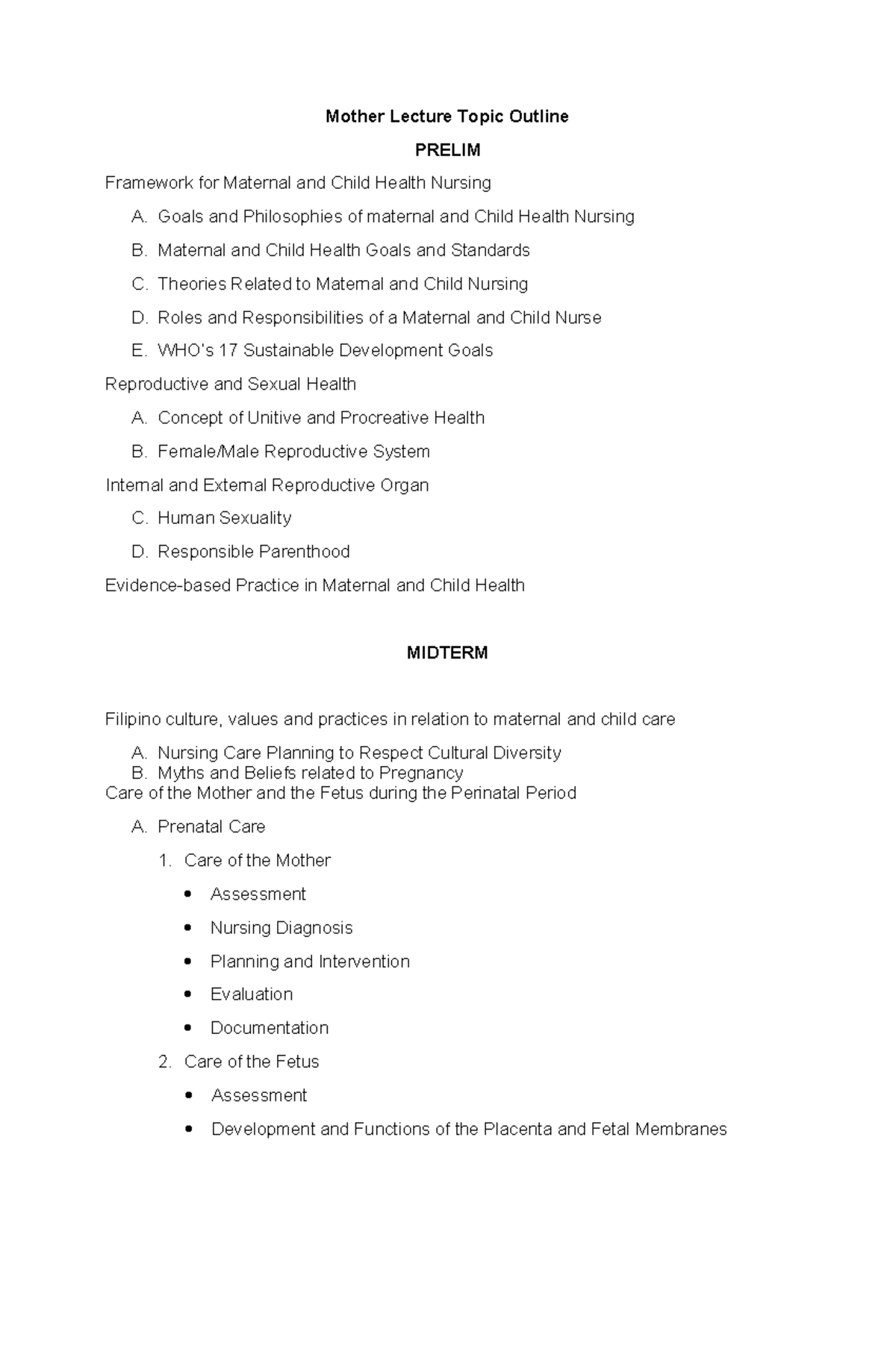 Mother Lecture Topic Outline 2 - Mother Lecture Topic Outline PRELIM ...