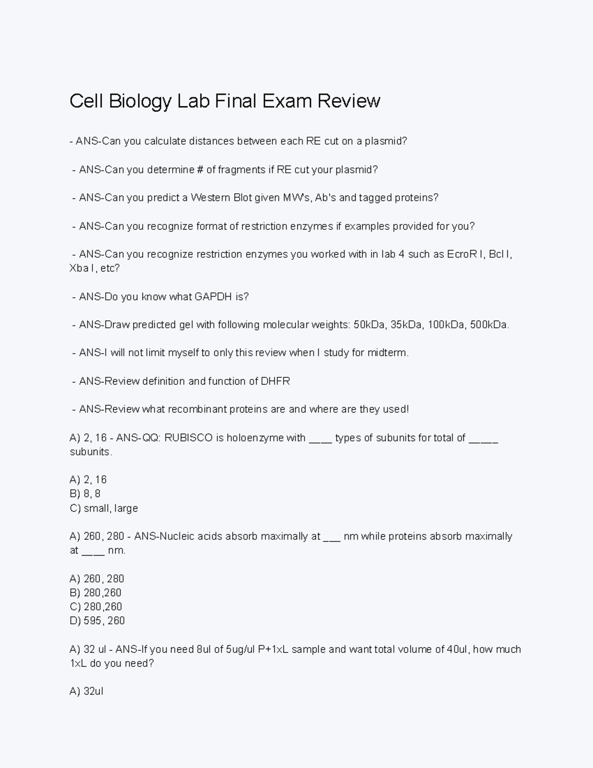 Cell Biology Lab Final Exam Review - Cell Biology Lab Final Exam Review ...