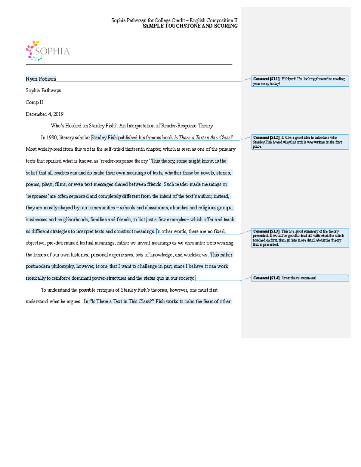 Touchstone 1.1 Sample Essay Sophia.rog - SAMPLE TOUCHSTONE AND SCORING ...