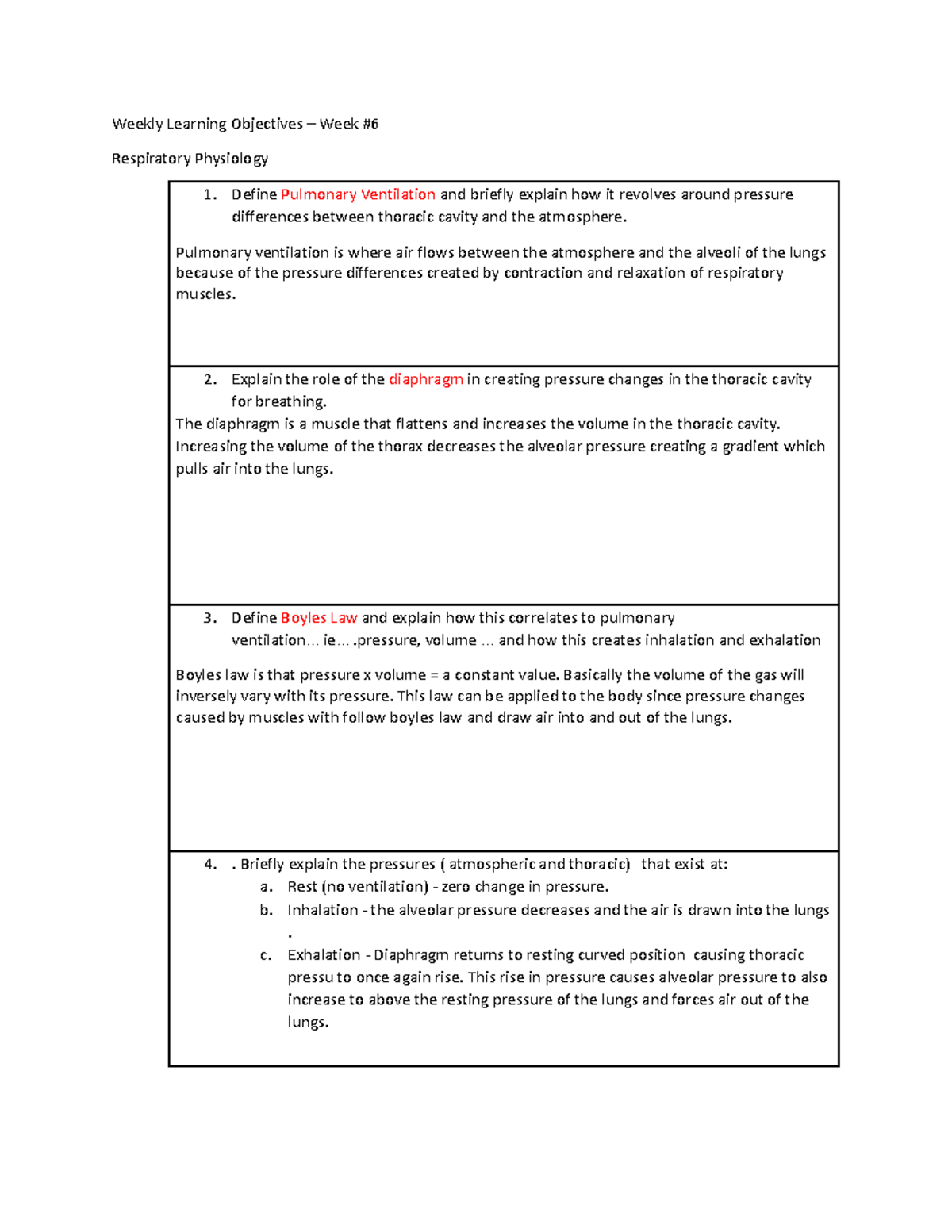 Weekly#6 - Learning Objectives - Respiratory Physiology - Weekly ...