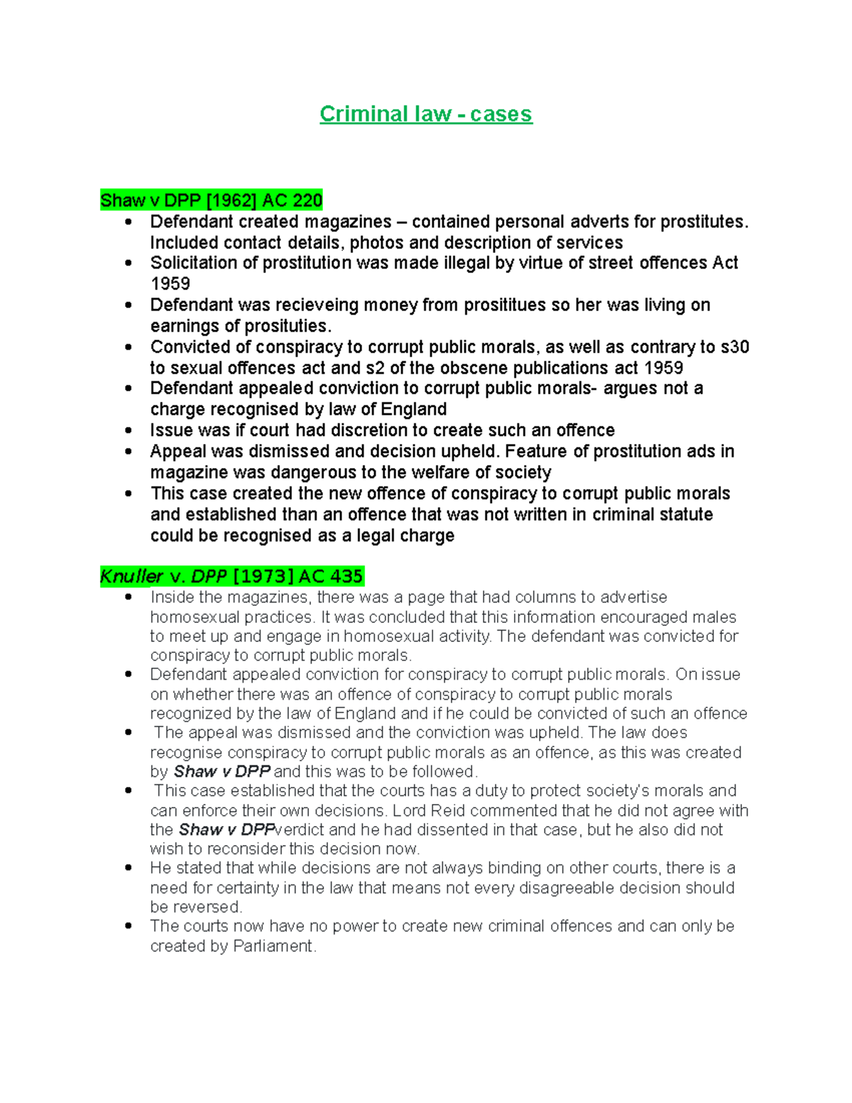 Criminal law (cases) - Criminal law - cases Shaw v DPP [1962] AC 220 ...