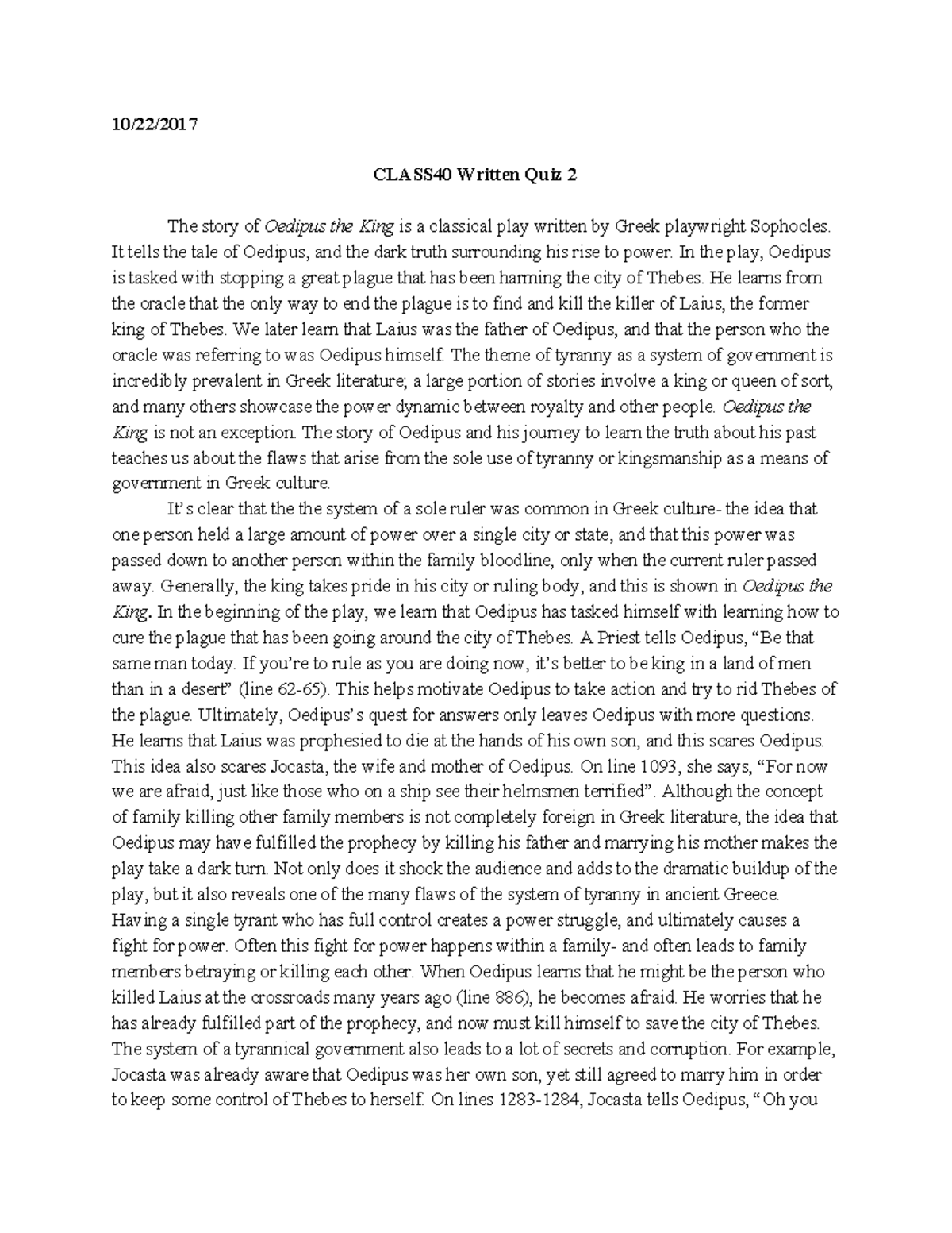 CLASS40 Greek Mythology Section Quiz 2 - 10/22/ CLASS40 Written Quiz 2 ...
