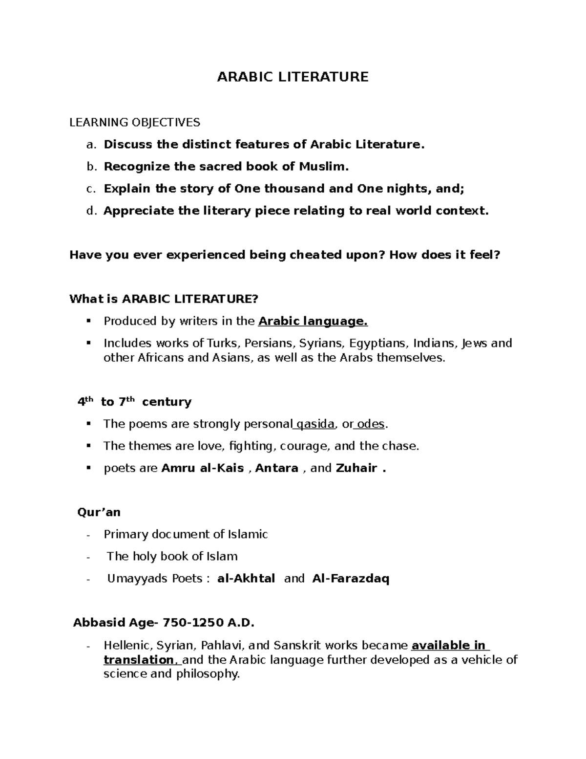 Arabic Literature - ARABIC LITERATURE LEARNING OBJECTIVES a. Discuss ...