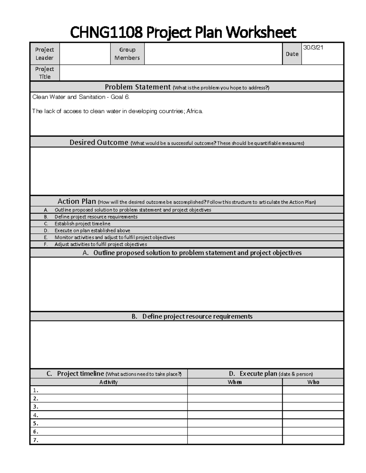 CHNG1108 Project Plan Worksheet fillable - CHNG 1108 Project Plan ...