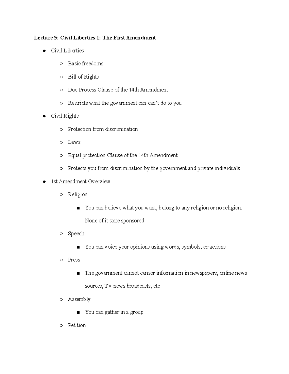 Gov lecture 5 - Jenny Presgraves - Lecture 5: Civil Liberties 1: The ...