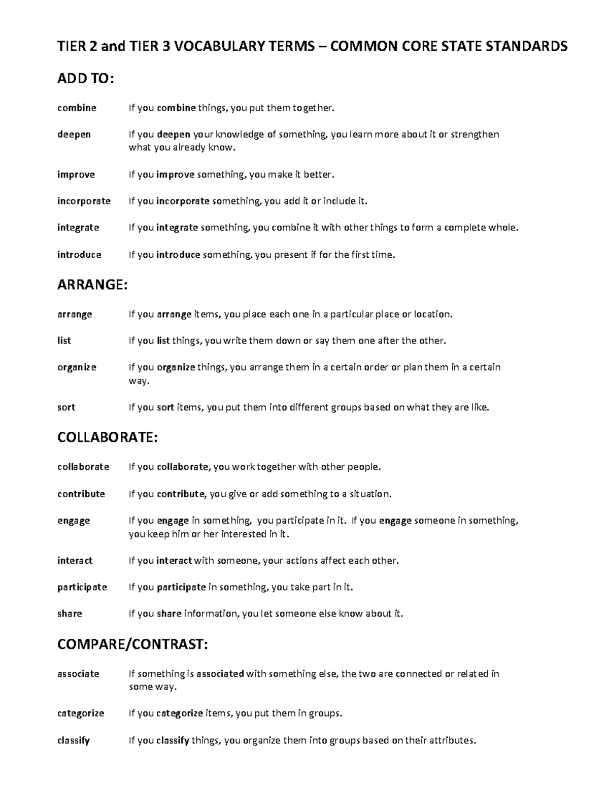 Tier 2 AND Tier 3 Common Core Volcabulary Terms - TIER 2 and TIER 3 ...