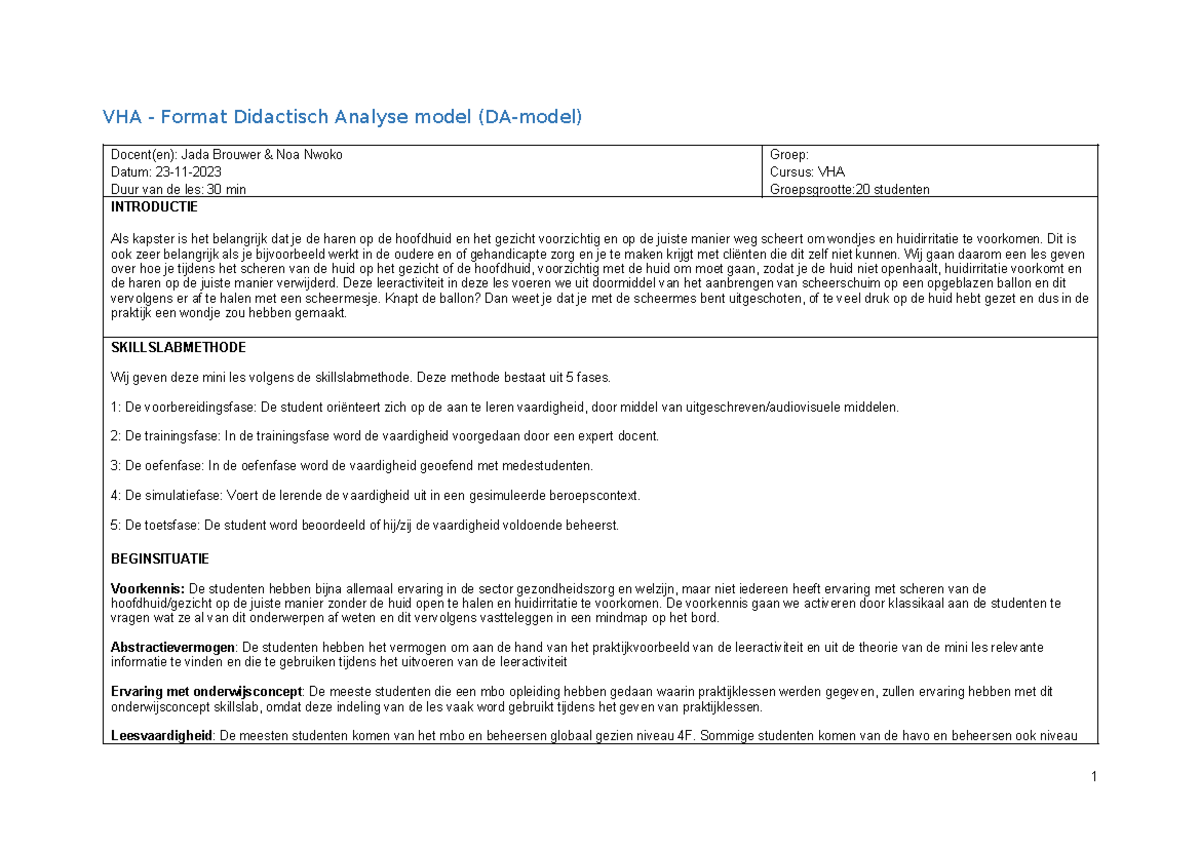 DA model voorbeeld - VHA - Format Didactisch Analyse model (DA-model ...