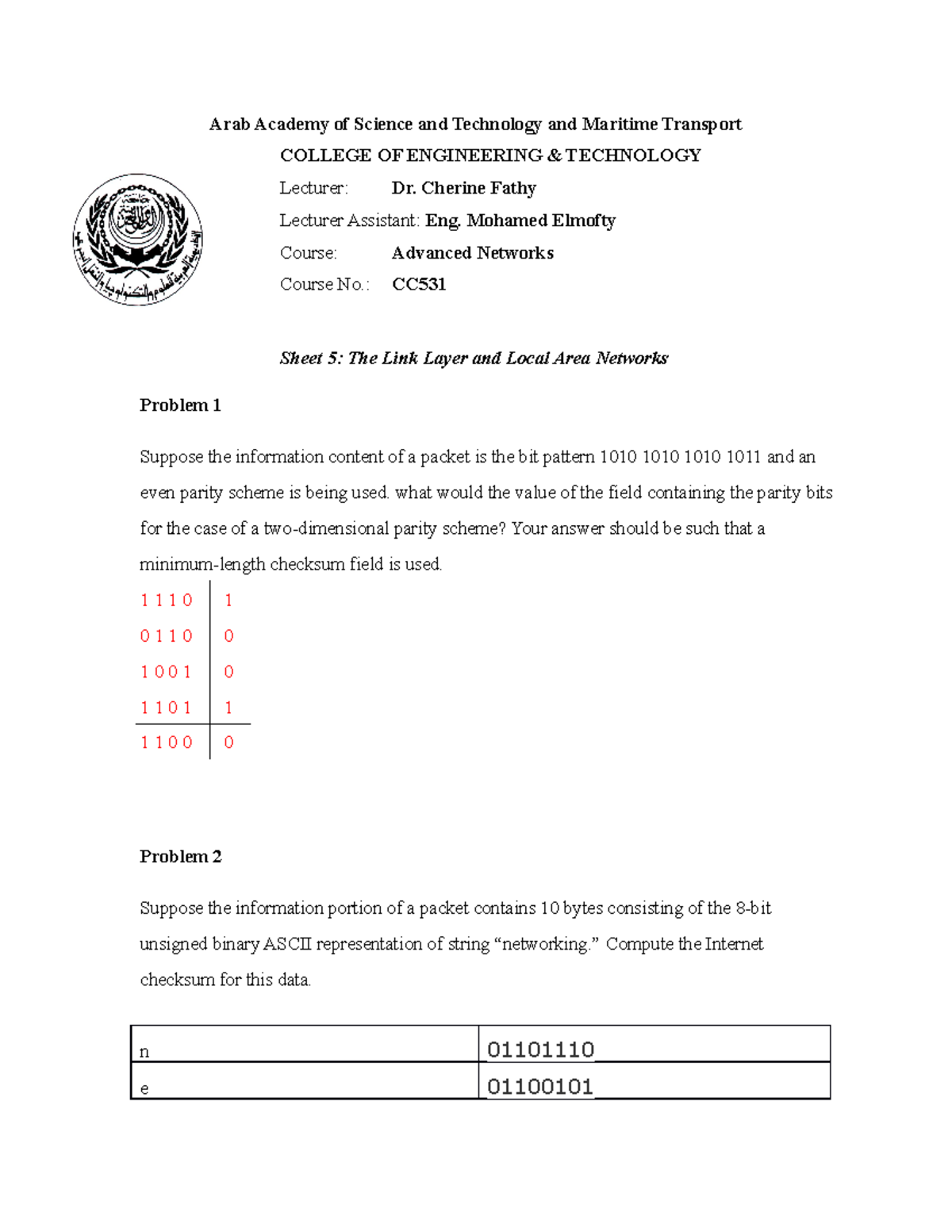 Sheet 5 Advanced Networks Arab Academy Of Science And Technology And Maritime Transport