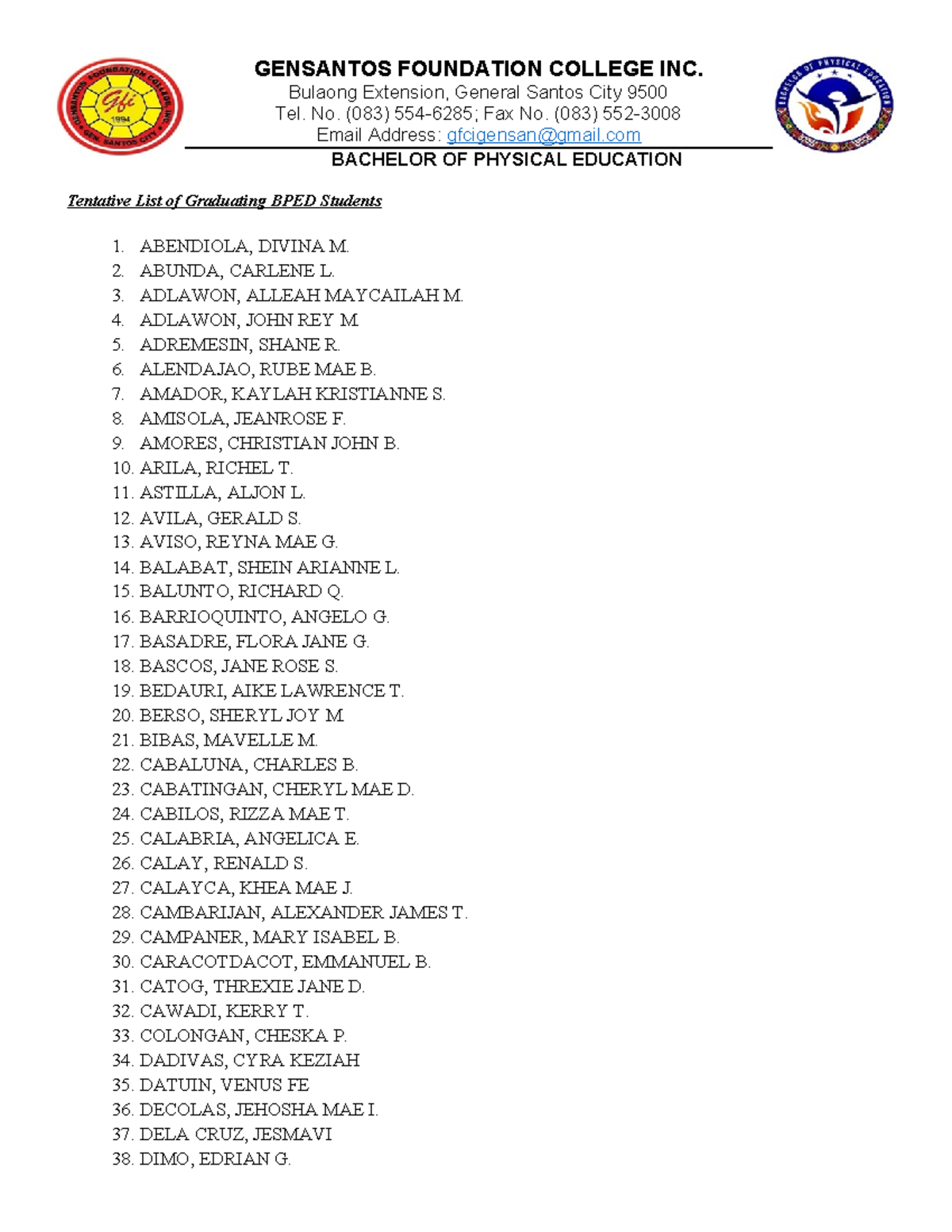 List of Graduating BPED Students - GENSANTOS FOUNDATION COLLEGE INC ...