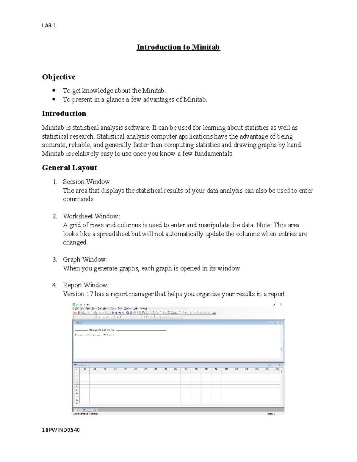 (18 Pwind 0540) LAB - Lab reports of design of experiments - Introduction to Minitab Objective ...