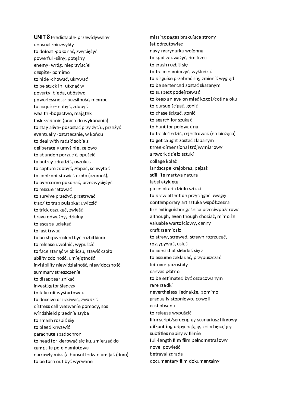 Angol - słówka - UNIT 8 Predictable- przewidywalny unusual -niezwykły ...