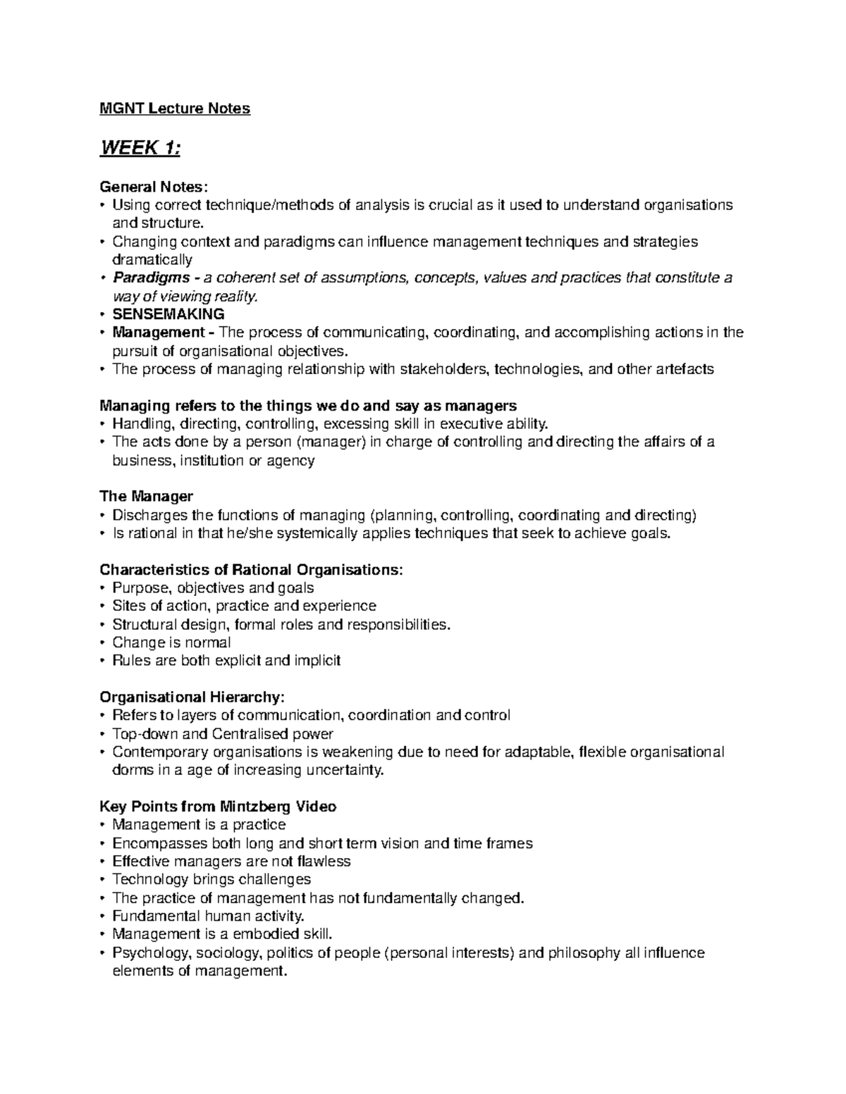 MGNT Lecture Notes - Changing context and paradigms can influence ...