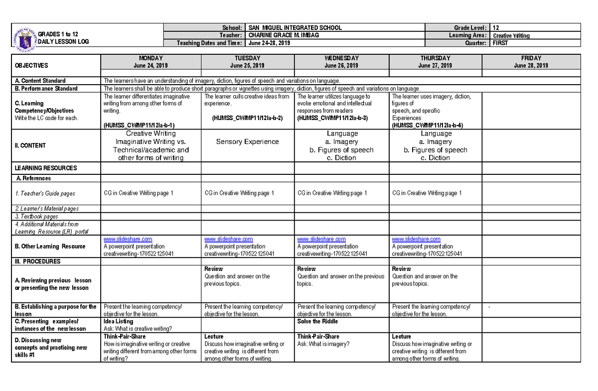 Toaz - Information - GRADES 1 to 12 DAILY LESSON LOG School: SAN MIGUEL ...