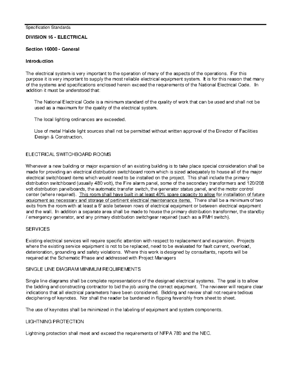 Electrical Specification - DIVISION 16 - ELECTRICAL Section 16000 ...