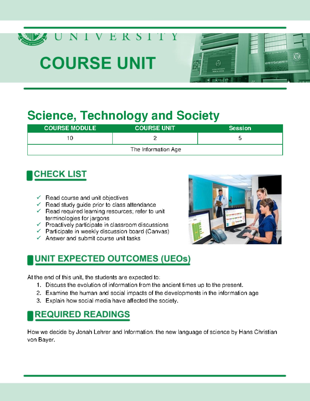 Course unit- information age - Science, Technology and Society COURSE ...