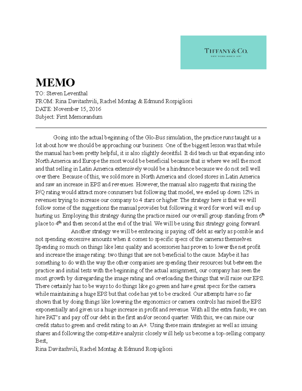 Memo - homework - MEMO TO: Steven Leventhal FROM: Rina Davitashvili ...