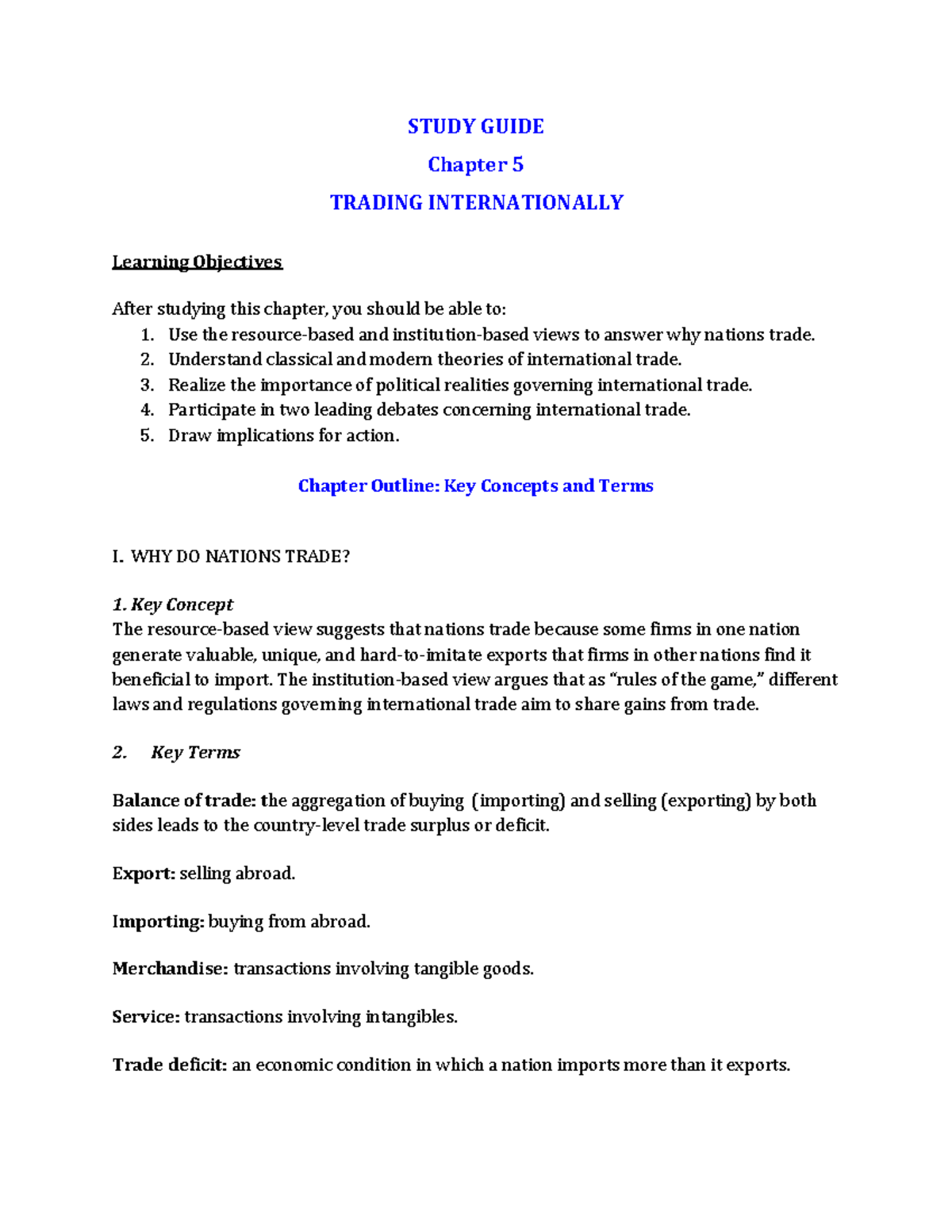 Peng, Chapter 5 Study Guide - STUDY GUIDE Chapter 5 TRADING ...