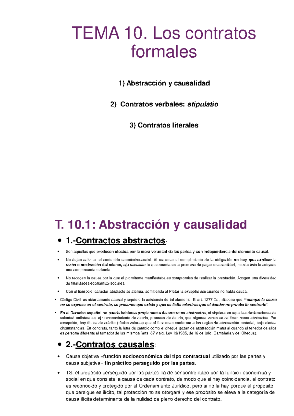 10 - romano - TEMA 10. Los contratos formales 1) Abstracción y ...