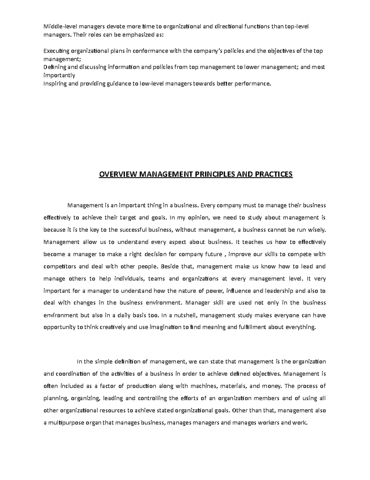 Overview managment - chapter 1 management - managers. Their roles can ...