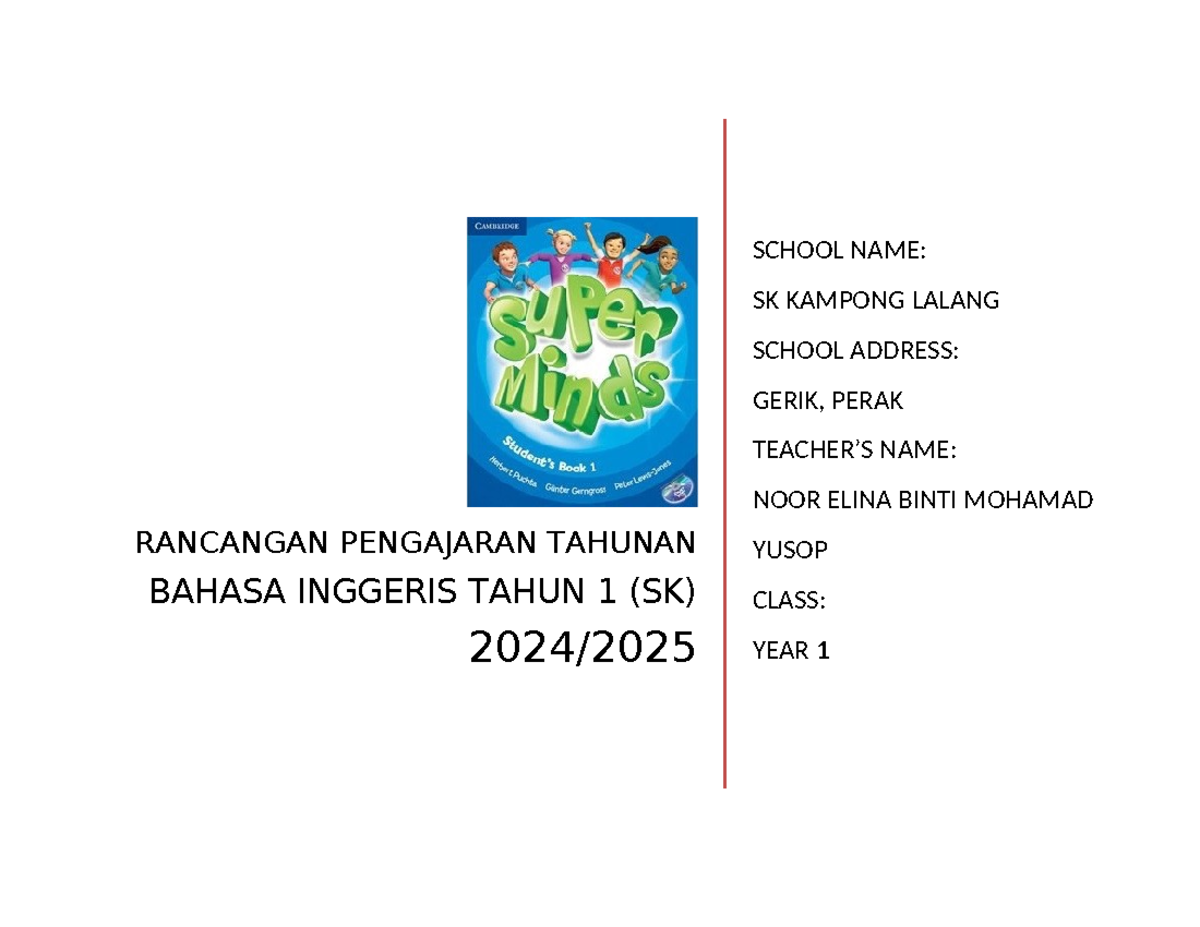 RPT English YEAR 1 (SK) 2024-2025 - RANCANGAN PENGAJARAN TAHUNAN BAHASA INGGERIS TAHUN 1 (SK ...