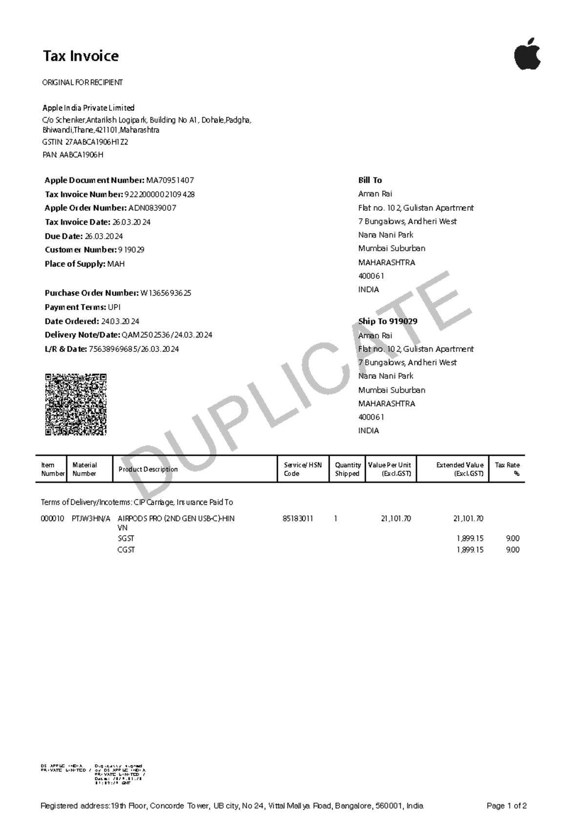 Air Pods Pro BILL - DUPLICATE Tax Invoice ORIGINAL FOR RECIPIENT Apple ...