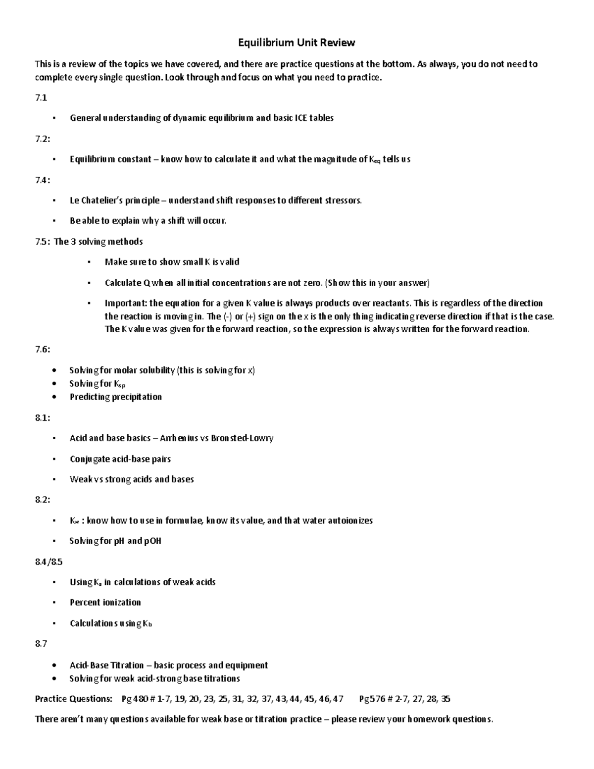 Unit 3 Test Review - Equilibrium - Equilibrium Unit Review This is a ...