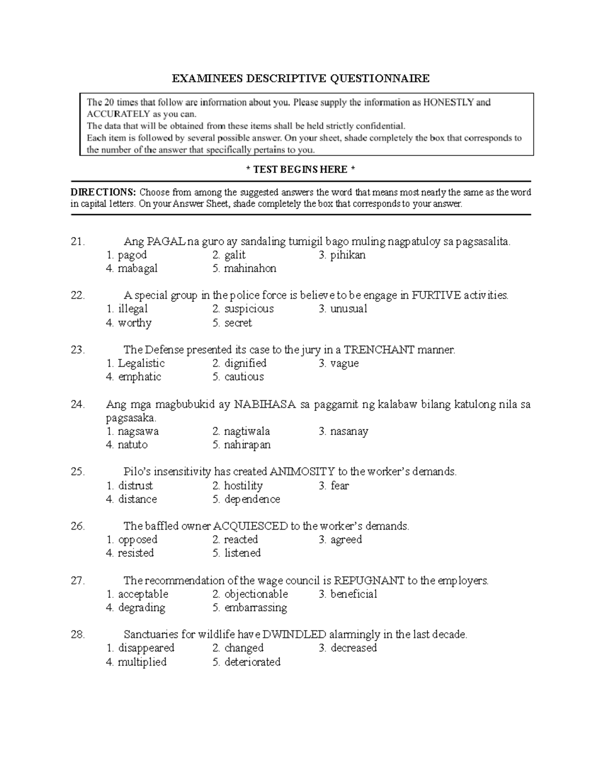 Civil service reviewer - EXAMINEES DESCRIPTIVE QUESTIONNAIRE TEST ...