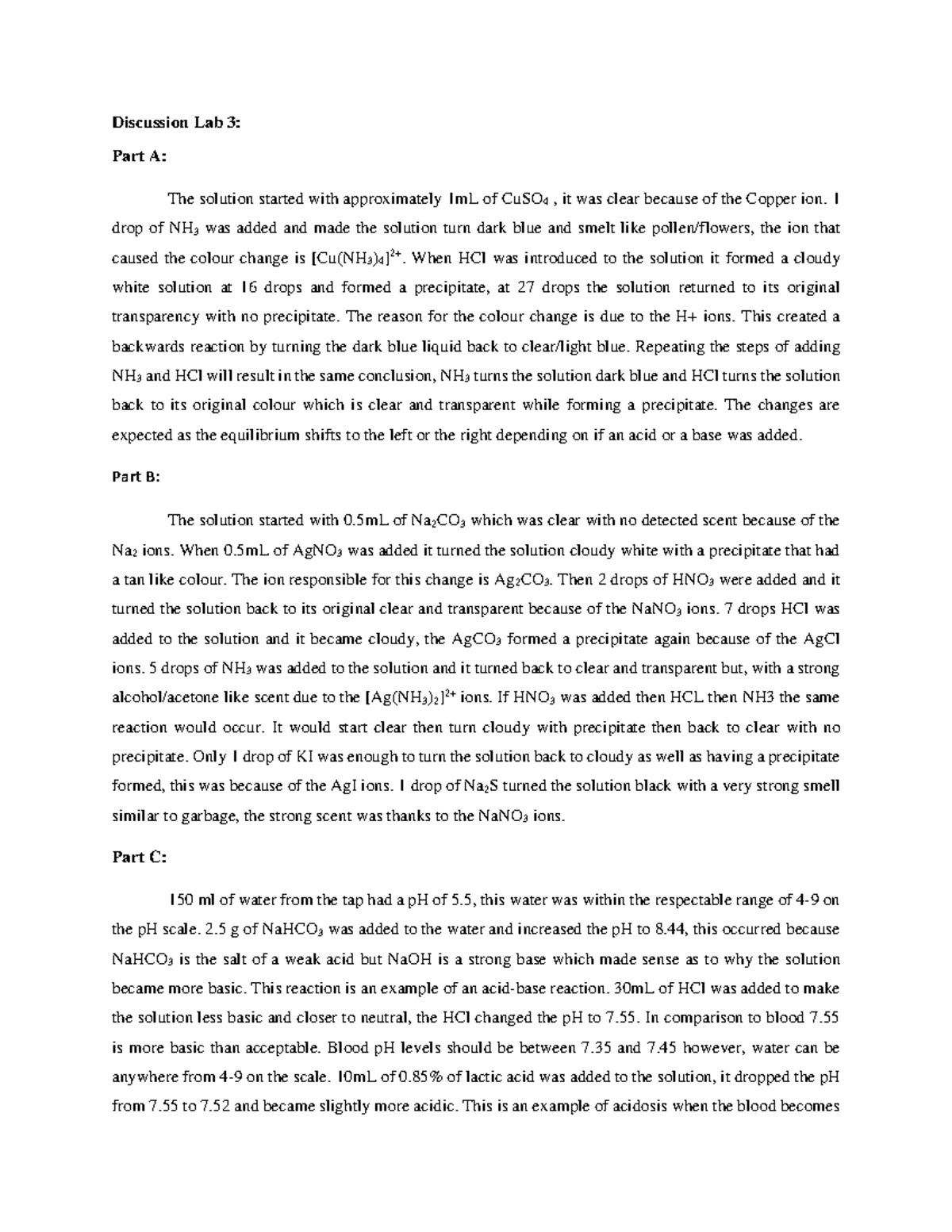 Discussion Lab 3 - Chem lab - Discussion Lab 3: Part A: The solution ...