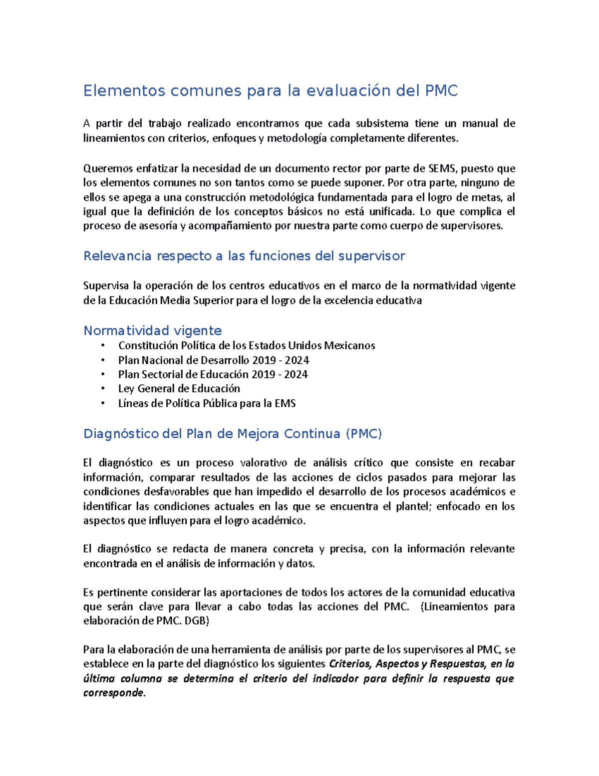 1 Elementos comunes para evaluar el PMC - Elementos comunes para la ...