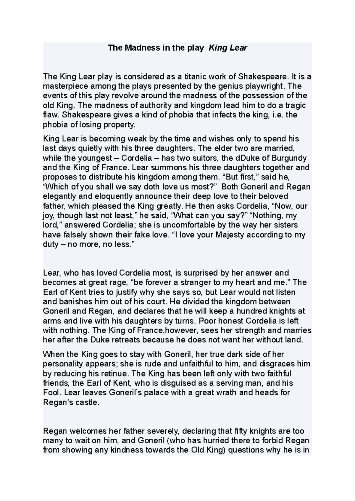 The Madness in the play King Lear - It is a masterpiece among the plays ...