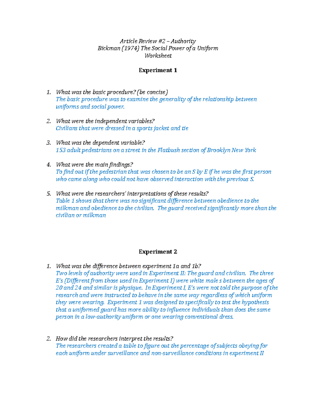 PSY 334 - Bickman worksheet - Article Review #2 – Authority Bickman ...