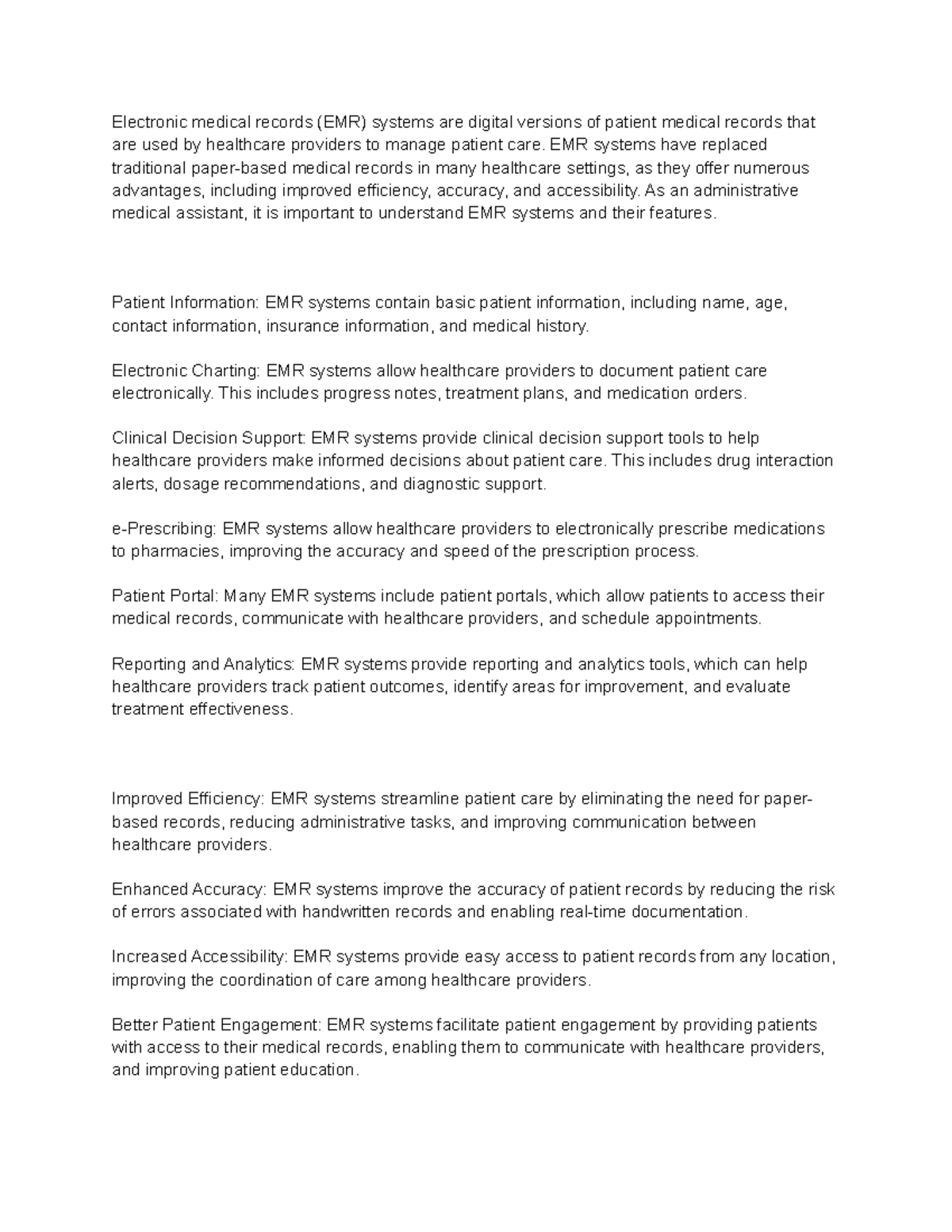 Electronic Medical Records (EMR) Systems Notes - Electronic medical ...