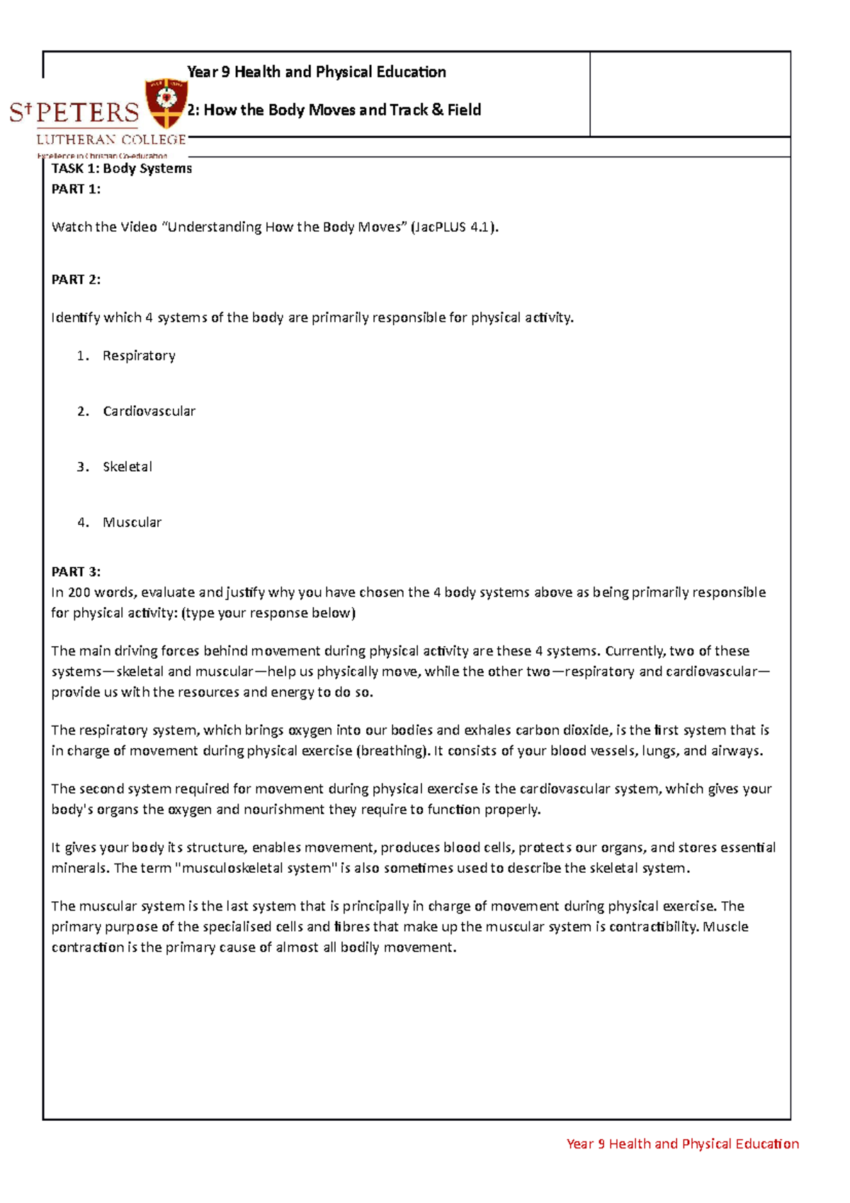 Body Systems Task 1 - Body Systems - Year 9 Health and Physical ...