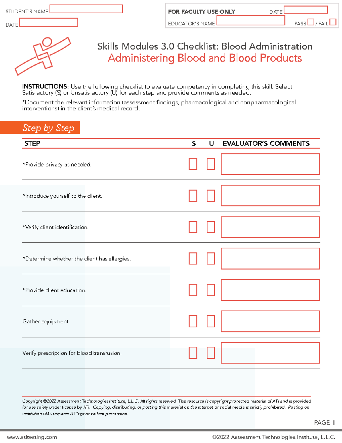 Skills Checklist Blood Admin - PAGE 1 Copyright ©2022 Assessment ...