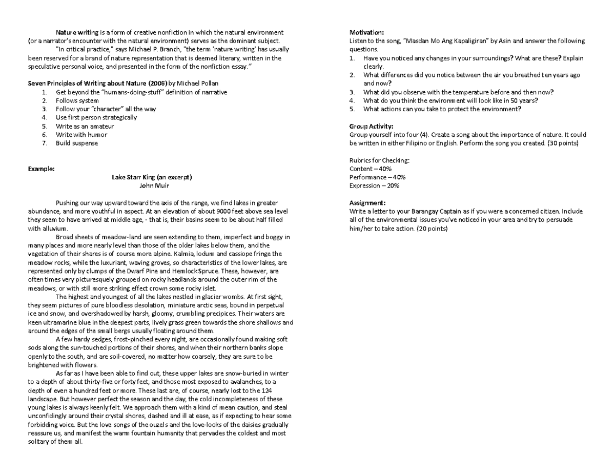 Nature-Writing-Activities - Nature writing is a form of creative ...