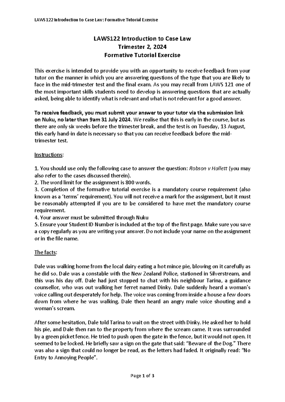 Laws 122 Formative Exercise 2024-2 - LAWS122 Introduction to Case Law: Formative Tutorial ...