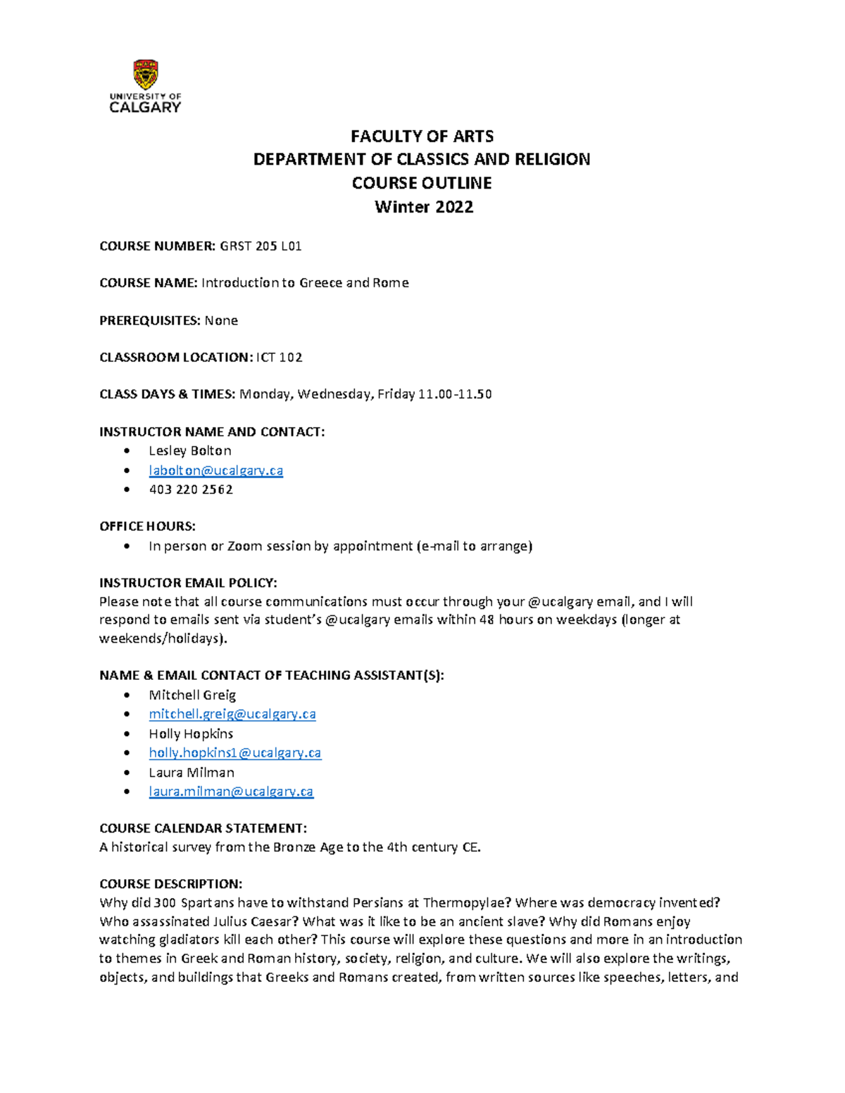 GRST 205 Course Outline - FACULTY OF ARTS DEPARTMENT OF CLASSICS AND ...