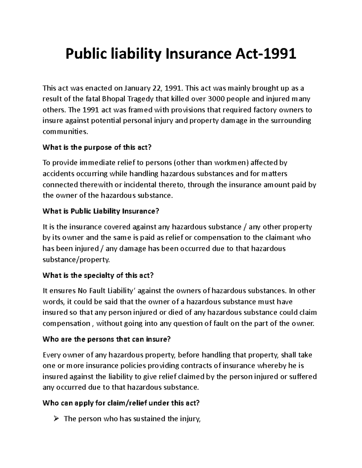 Public Liability Insurance Act - Law Of Torts Including M.V. Accident ...