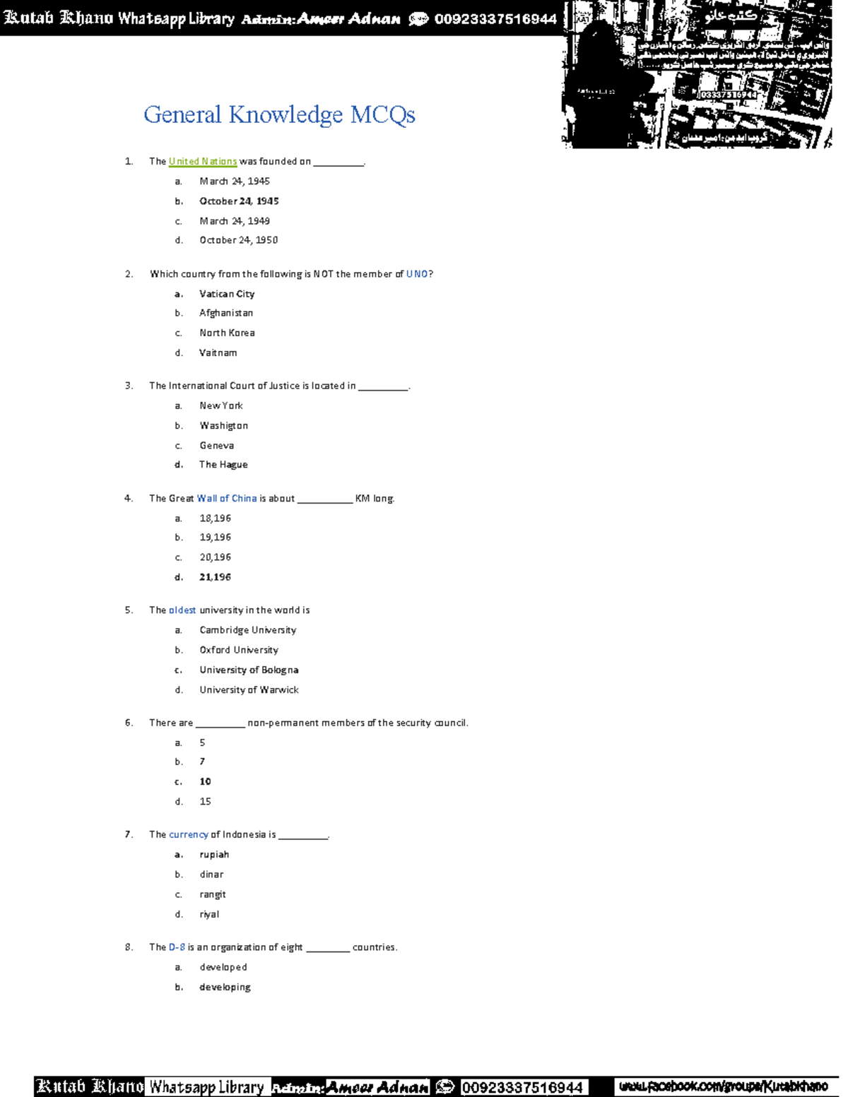 150 General Knowledge - K. G mcqs - General Knowledge MCQs The United ...