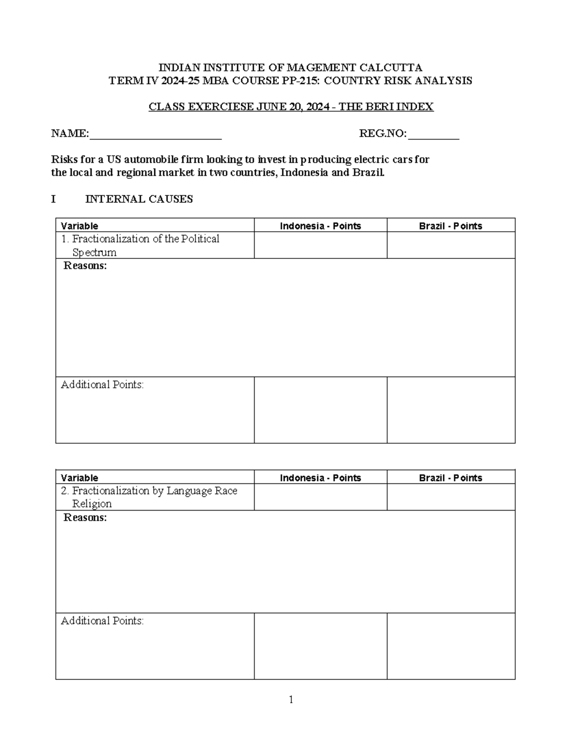 CRA - Class Exercise Assignment Sheet - Term IV 2024-25 - INDIAN ...