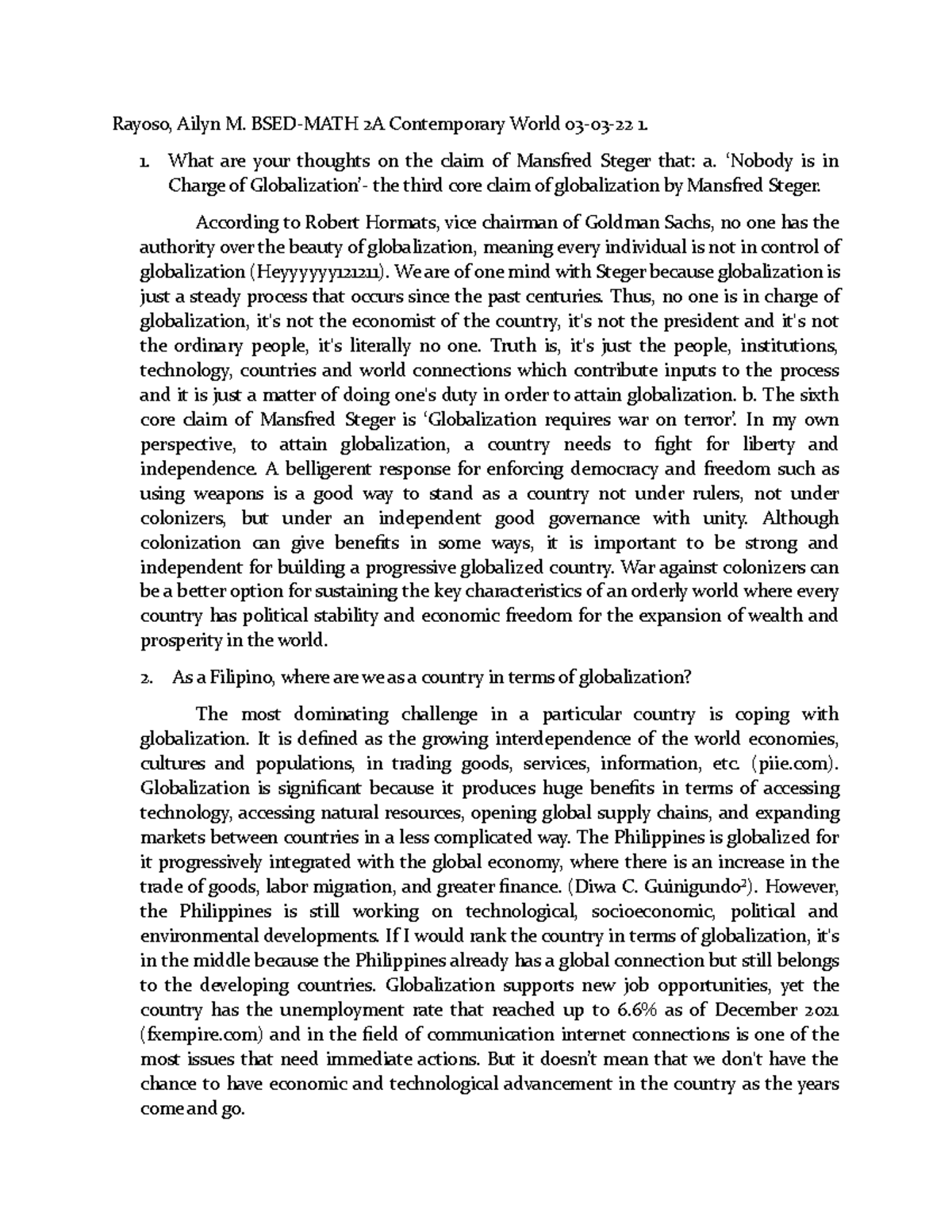 Thoughts on Contemporary issues - Rayoso, Ailyn M. BSED-MATH 2A ...