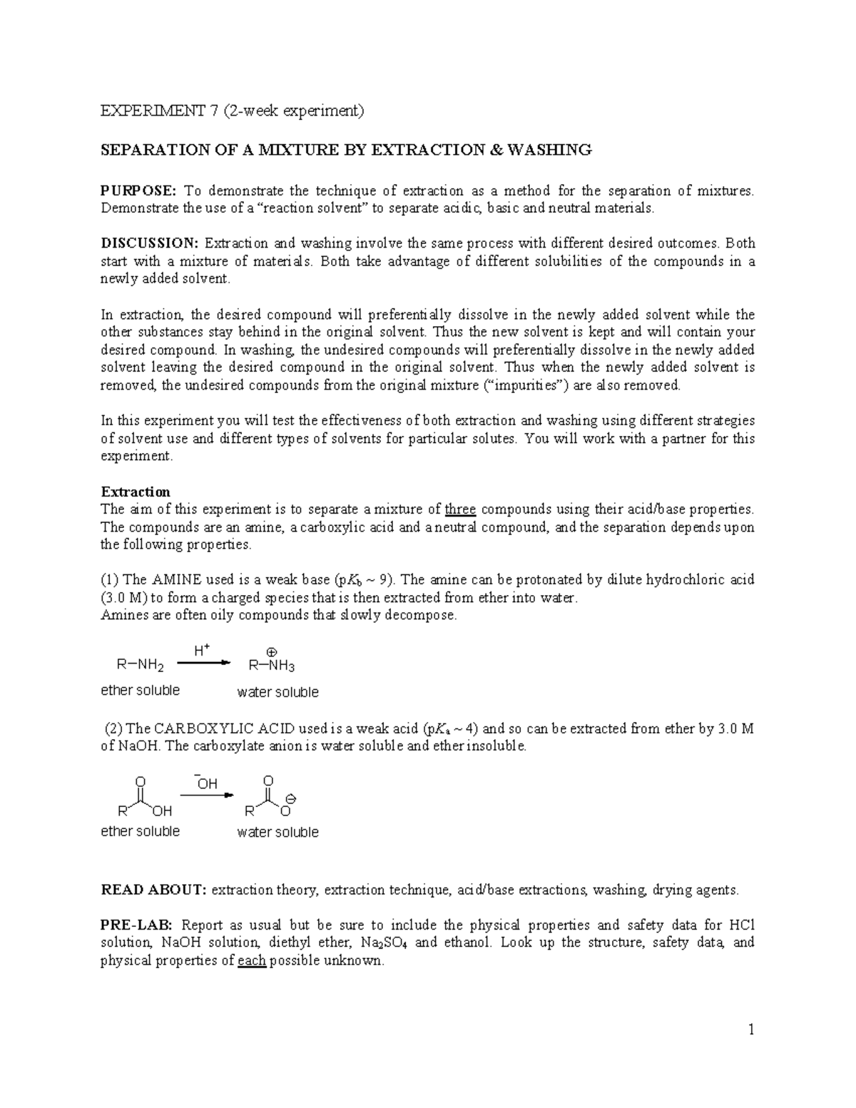 Ex. 7 - Extraction and Washing (2020) - 1 EXPERIMENT 7 (2-week ...