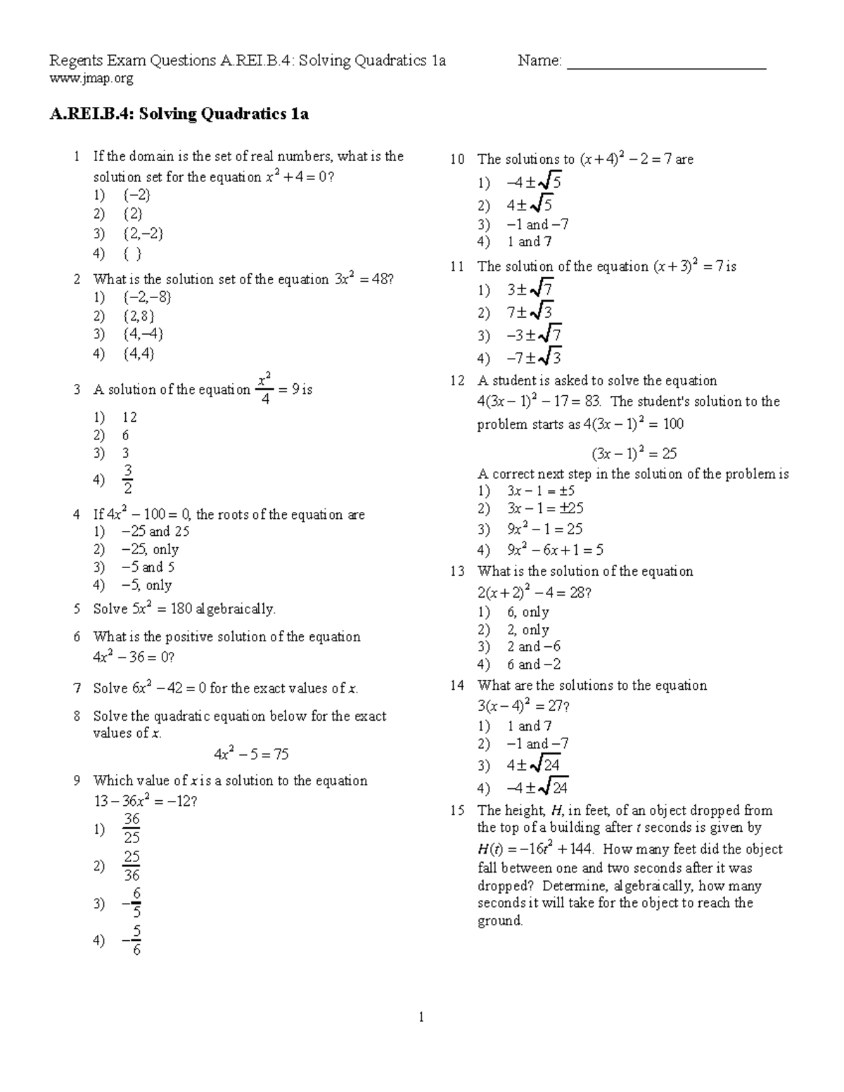 11-30 answer key - Regents Exam Questions A.REI.B: Solving Quadratics ...