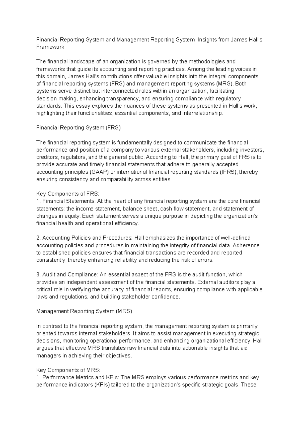 FRS AND MRS by James Hall - Financial Reporting System and Management ...
