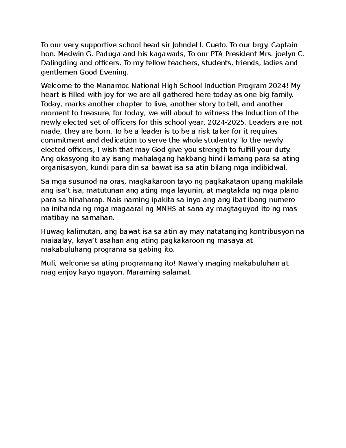 Opening remarks eug - Short message - To our very supportive school ...