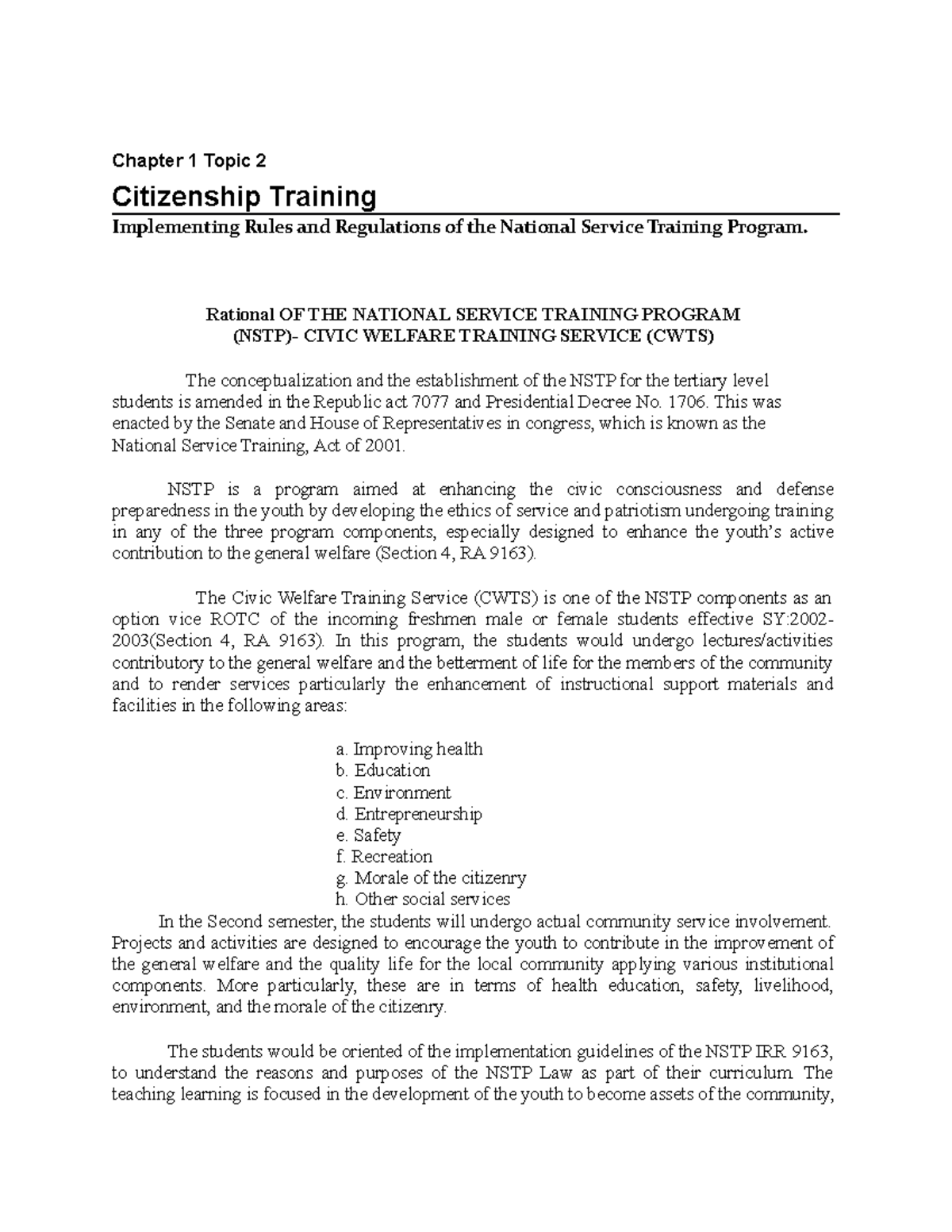 Lecture-C1-T2 - NSTP-CWTS - Chapter 1 Topic 2 Citizenship Training ...