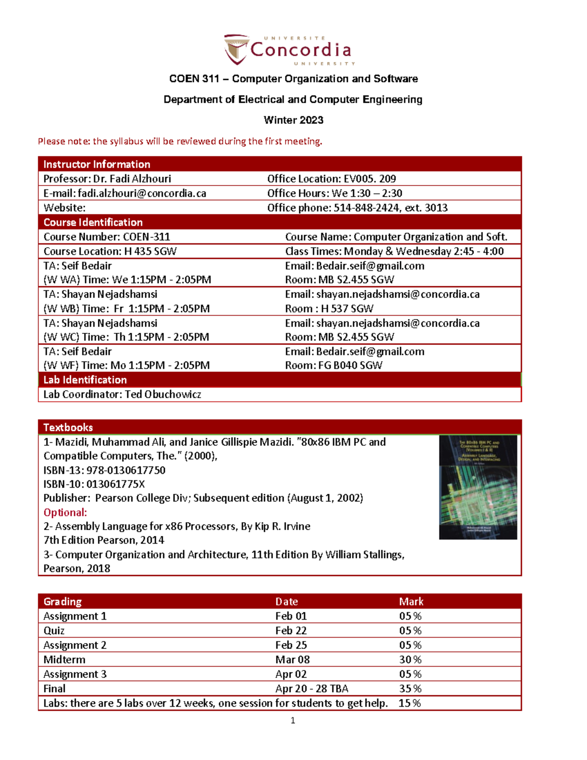 CONE311 Computer Organization-syllabus - COEN 311 – Computer Organization and Software ...
