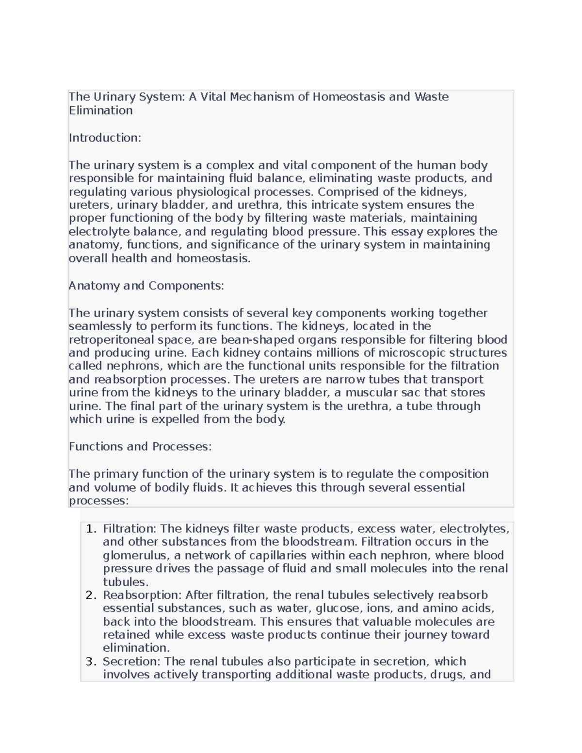 Urinary system Normal generalised essay - The Urinary System: A Vital ...